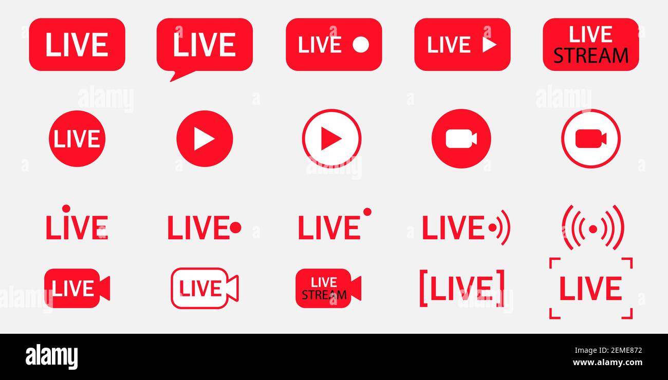Big set of live streaming vector icons. Red symbols and buttons for ...