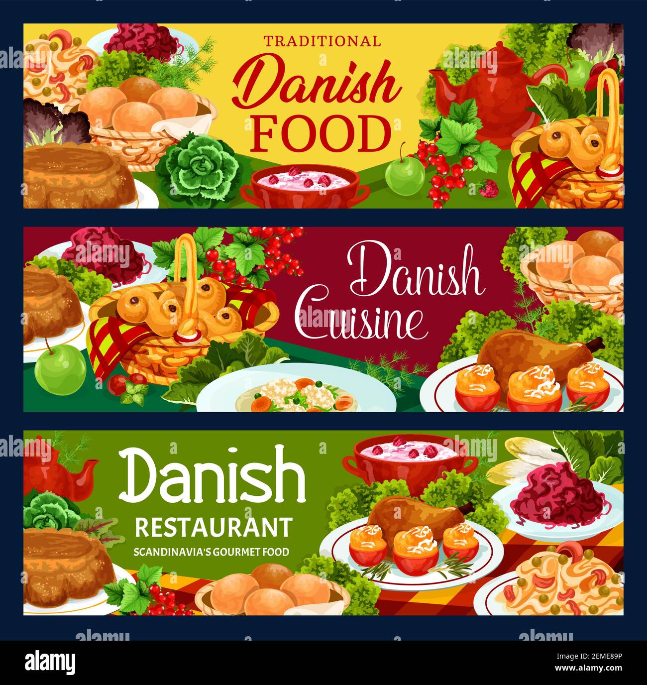 Danish cuisine food menu dishes, traditional meals, vector banners ...