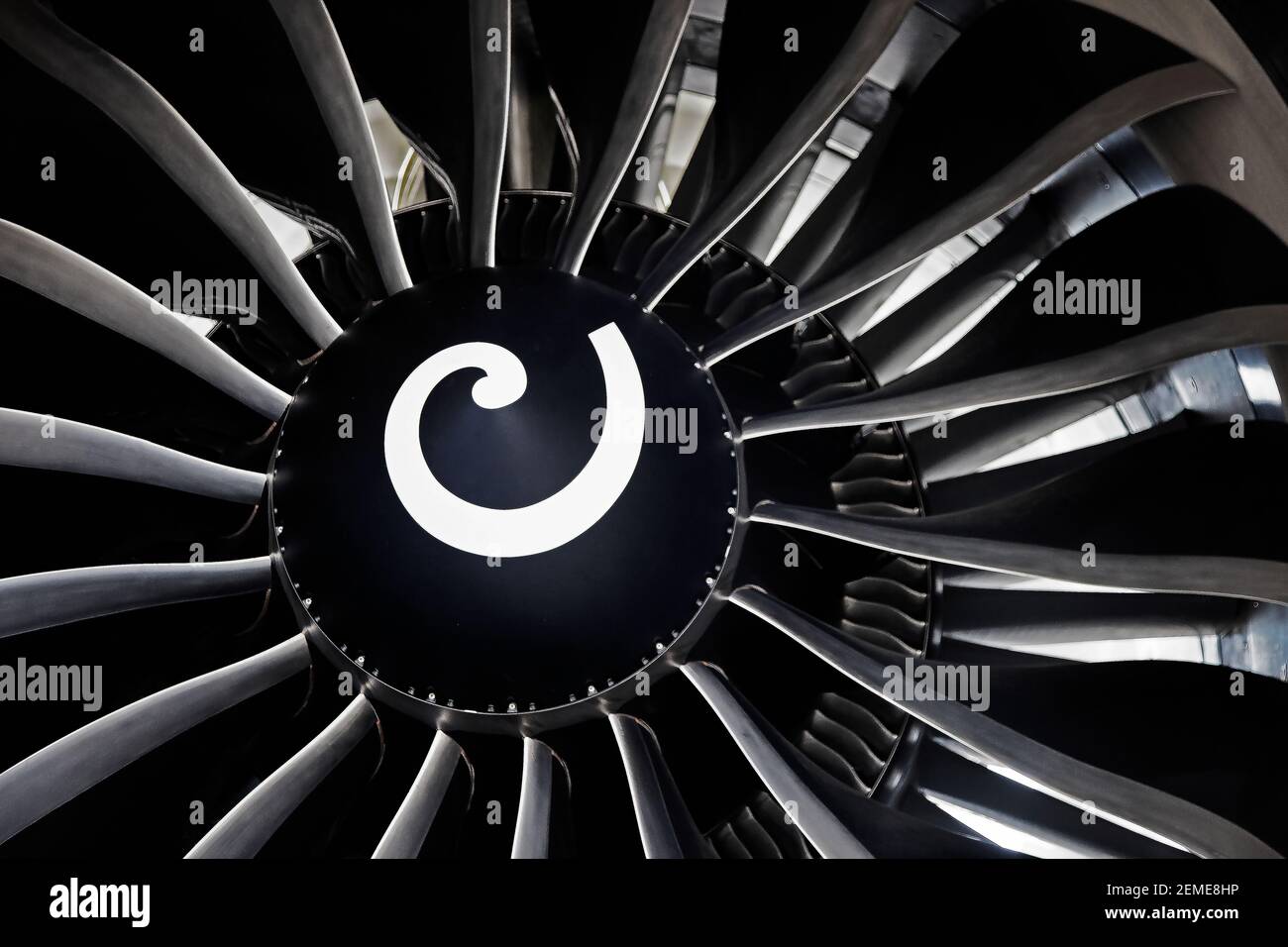 Turbine blades of an aircraft jet engine. Close up Turbines Engine ...