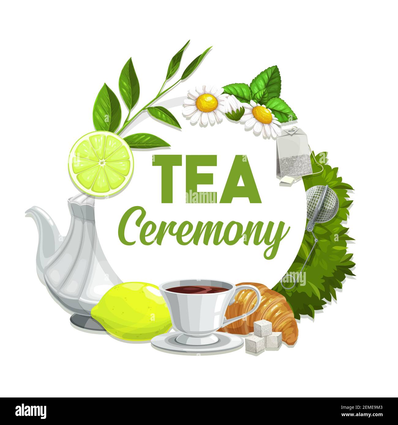 Tea ceremony vector poster, black beverage in porcelain cup with lemon ...