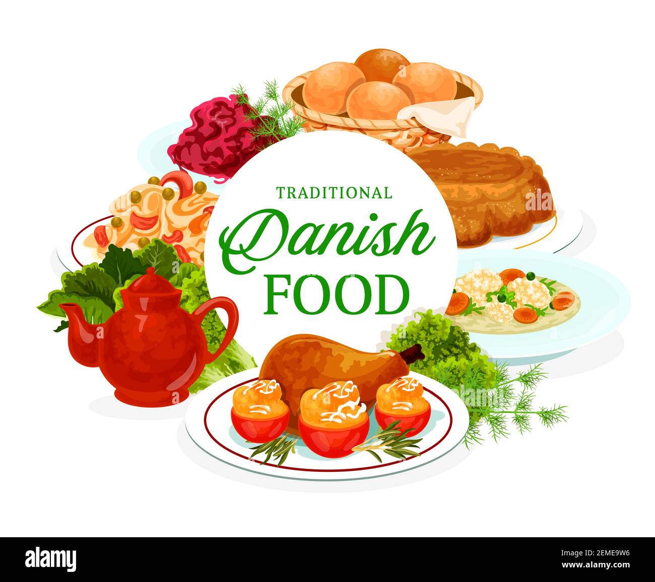 Danish cuisine food menu dishes Scandinavian meals, vector traditional ...