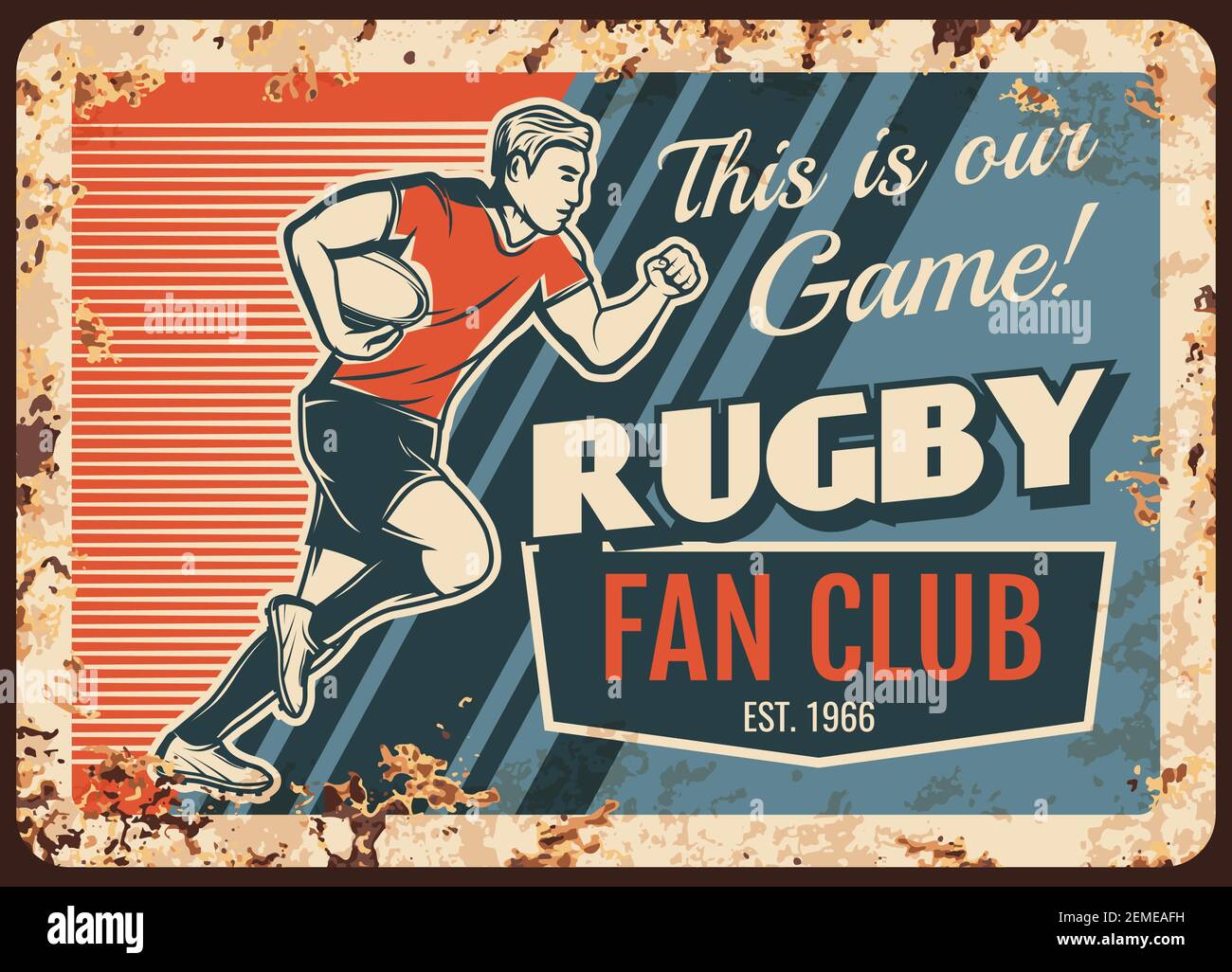 Rugby football sport fan club rusty metal plate. Rugby player running ...