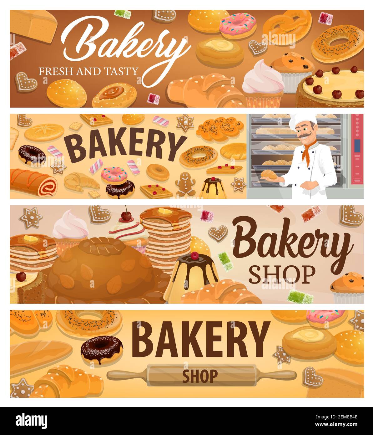 Bread, bakery products and desserts vector banners. Baker in bakery ...