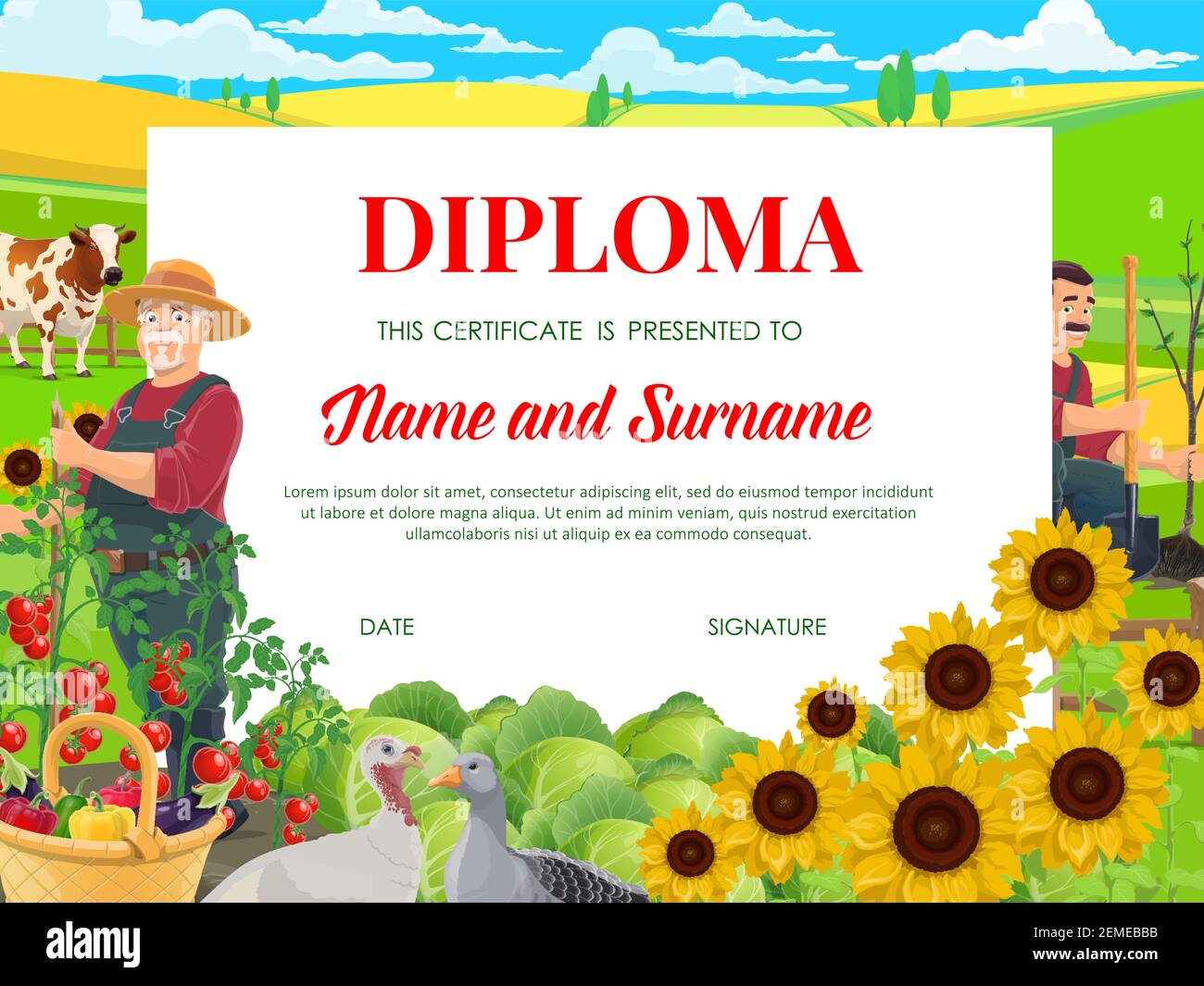 School diploma, education vector certificate with farmers working in ...