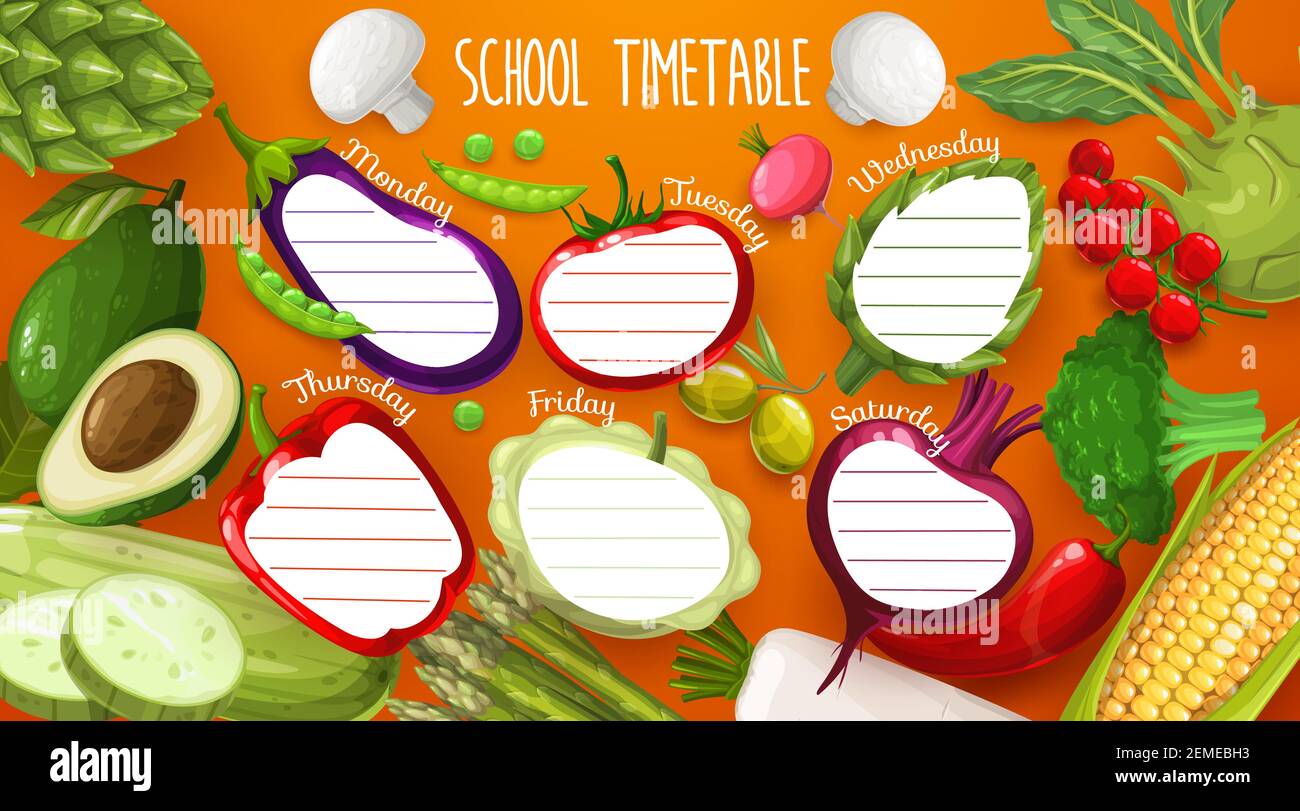 School timetable, schedule template with vegetables. Classes planner ...
