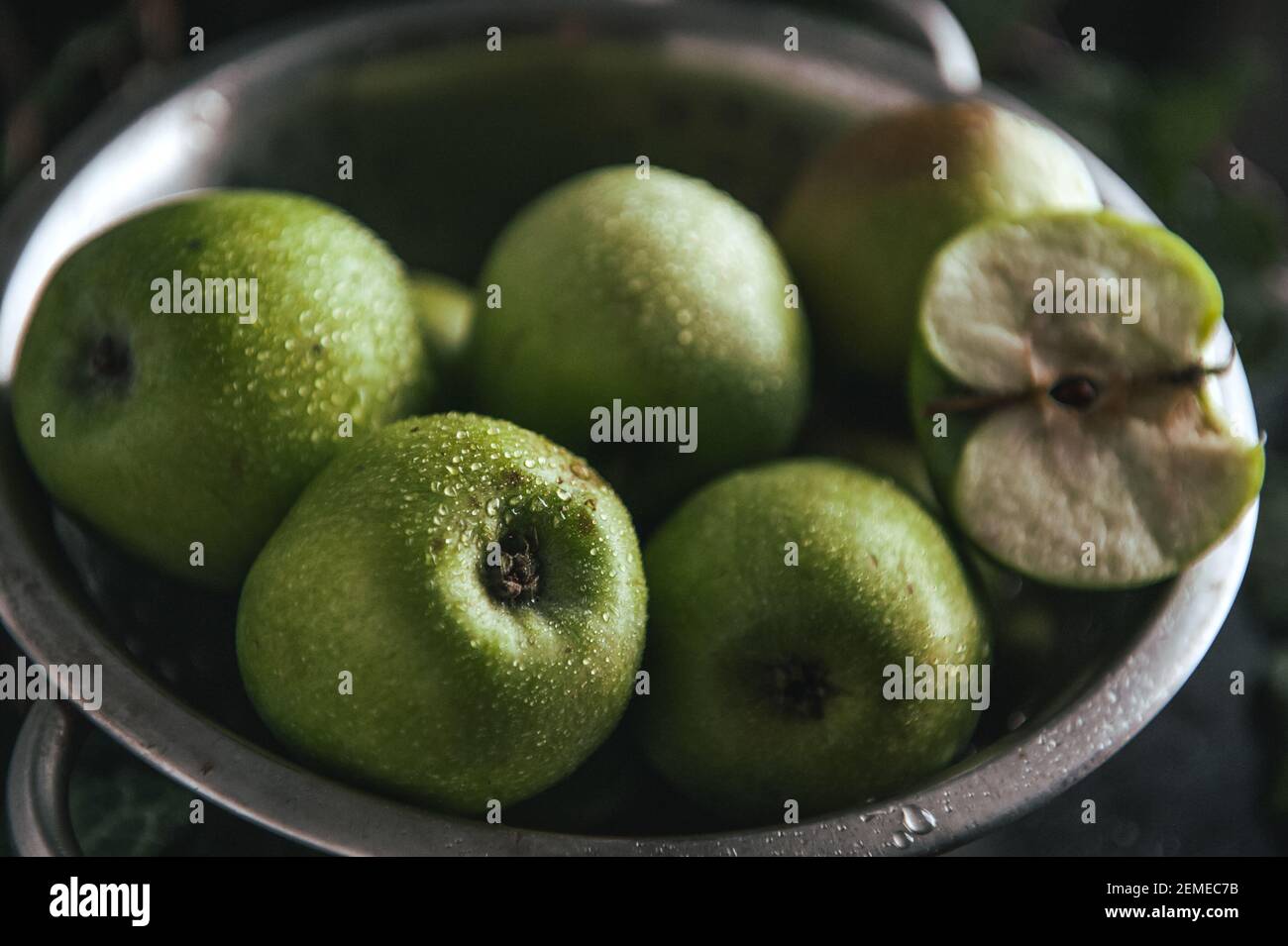 Organic fresh only gathered in the garden of juicy green apples Stock ...