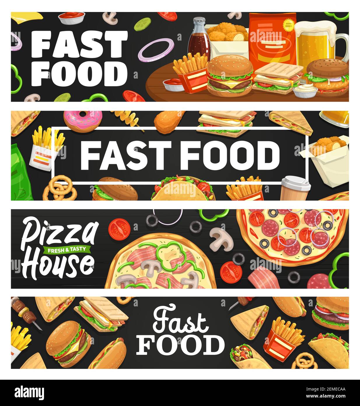 Fast food, takeaway meal banners, vector burger, hot dog, pizza and ...