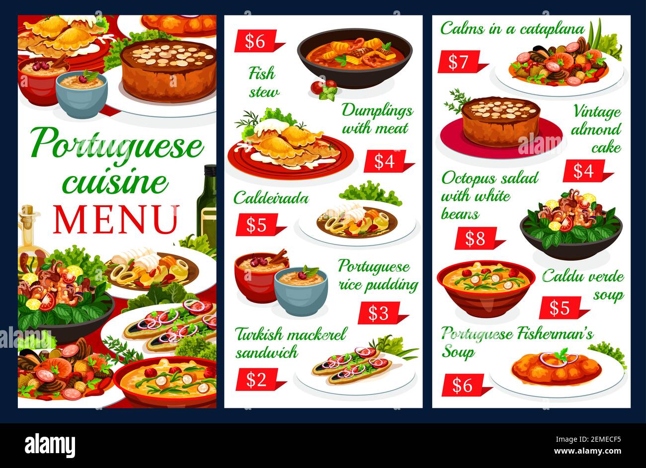 Portuguese vector menu template dumplings with meat, caldeirada and ...