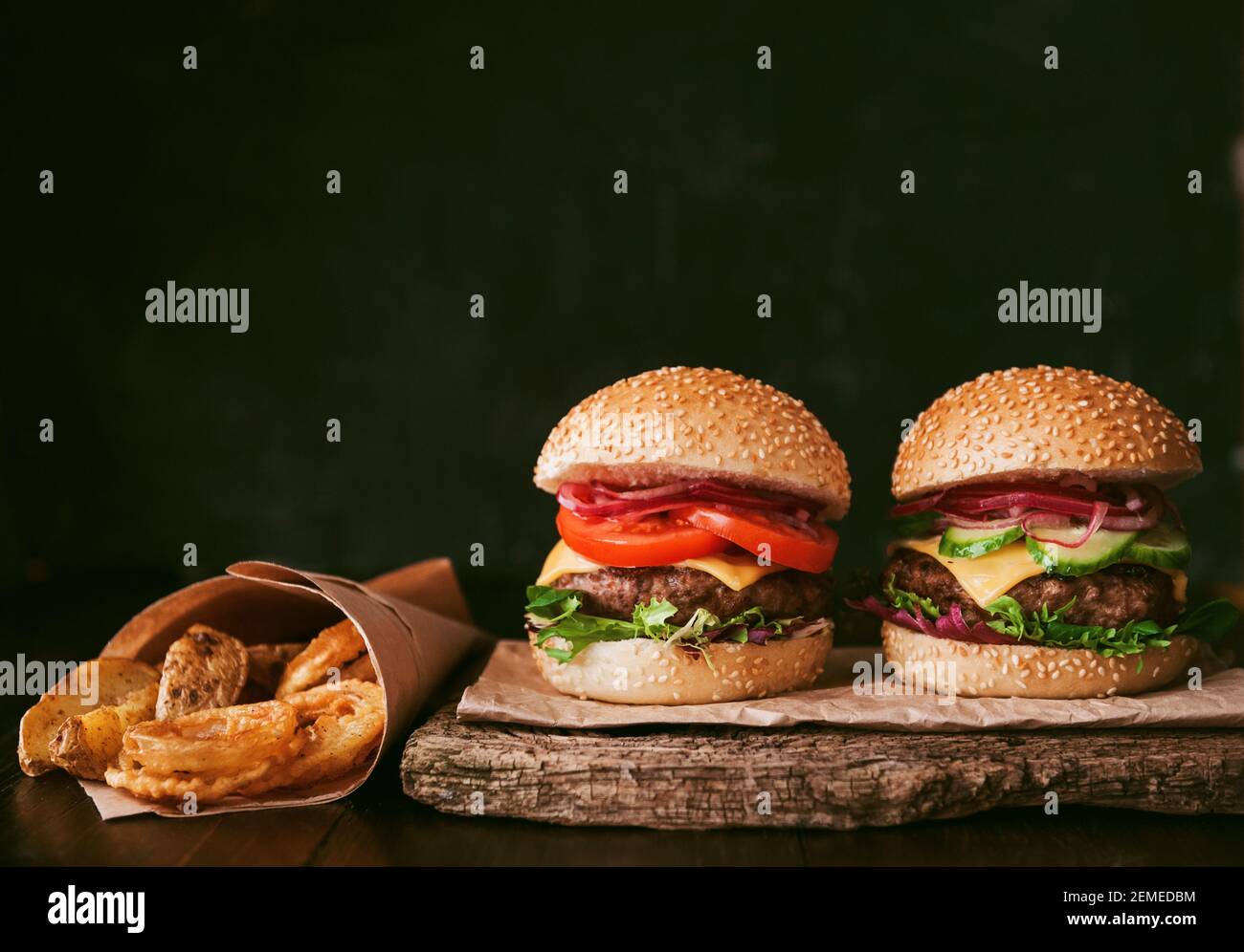 two mouth-watering, delicious homemade burger used to chop beef. on the ...