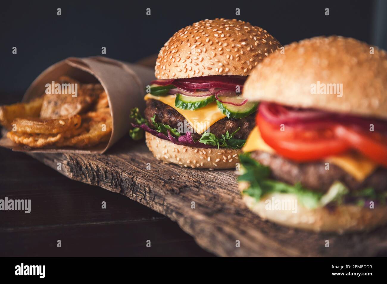 two mouth-watering, delicious homemade burger used to chop beef. on the ...