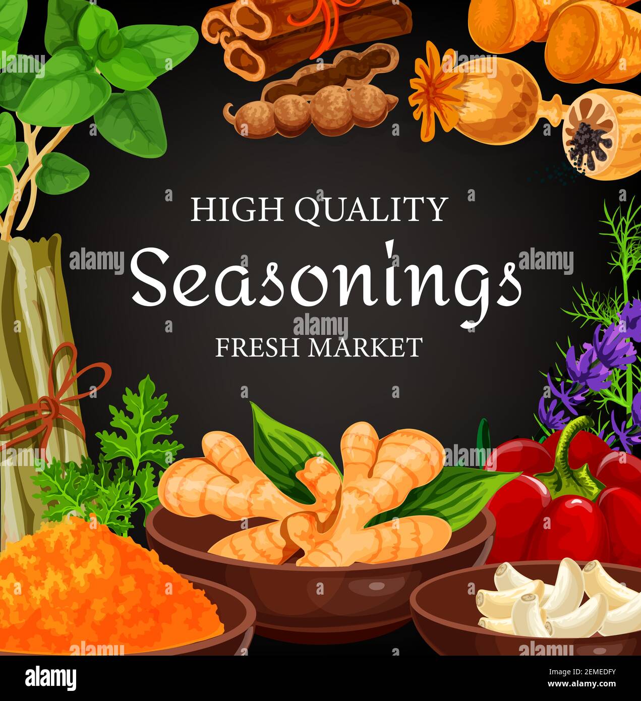 Seasonings, herbs, cooking spices condiments, vector farm food ...