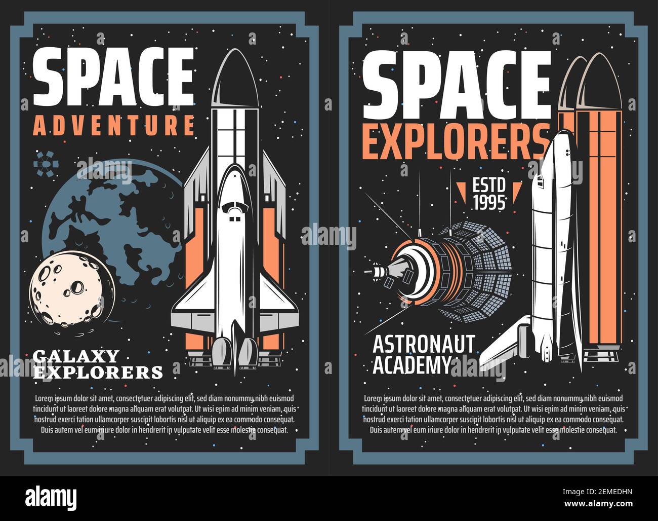 Space exploration adventure retro vector posters. Space Shuttle orbiter ...