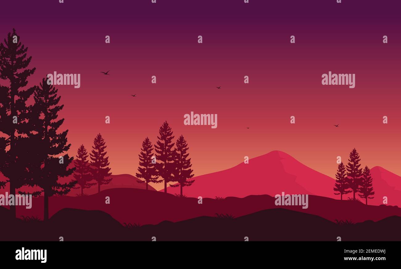 Beautiful view of mountains and trees at sunset. Vector illustration of ...