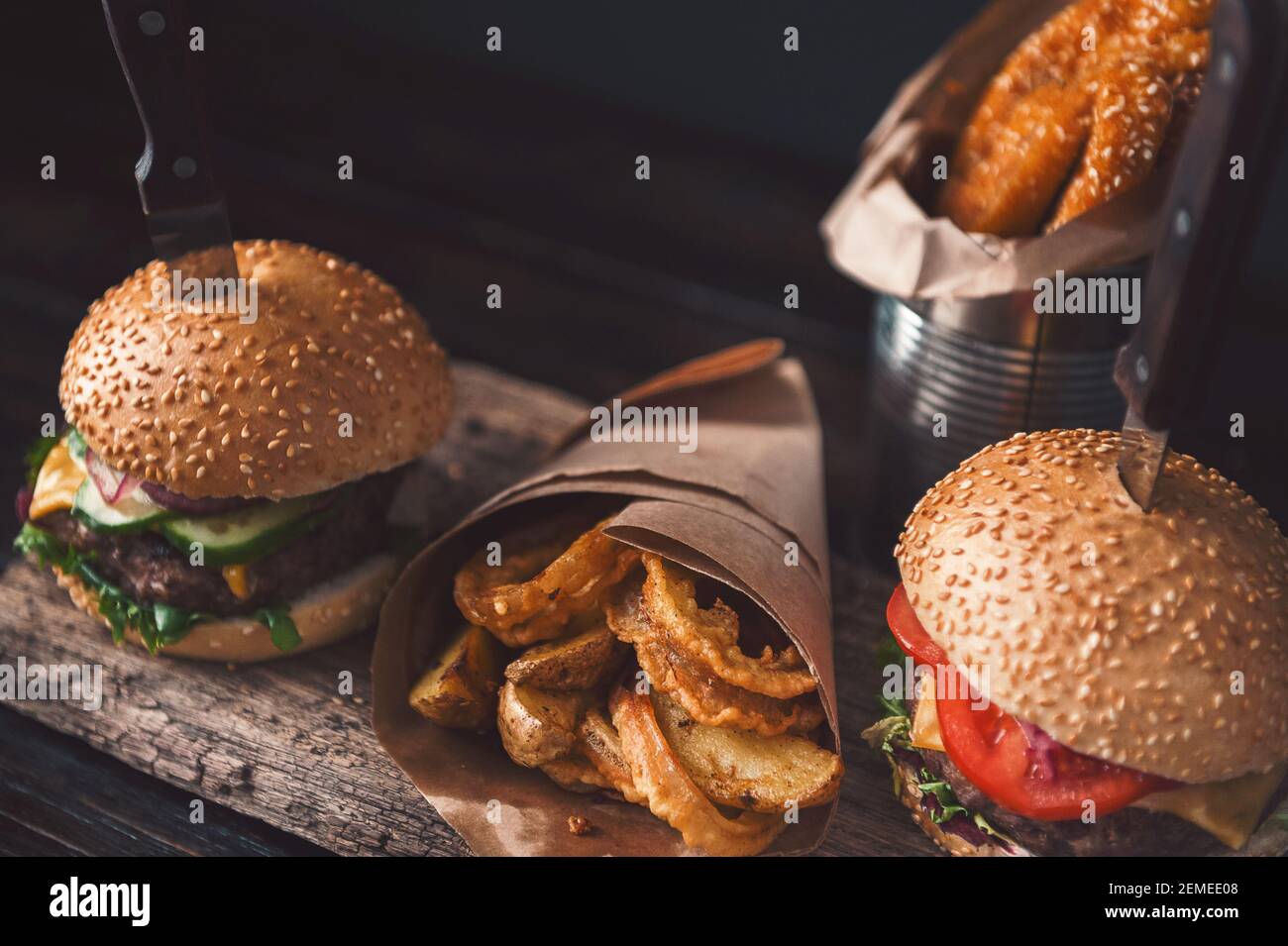 Two mouth-watering, delicious homemade burger used to chop beef. on the ...