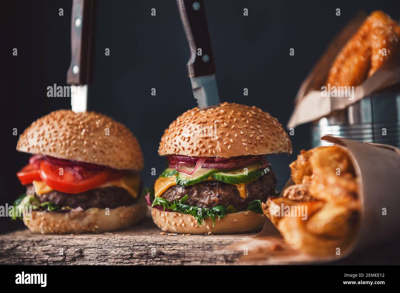Two mouth-watering, delicious homemade burger used to chop beef. on the ...