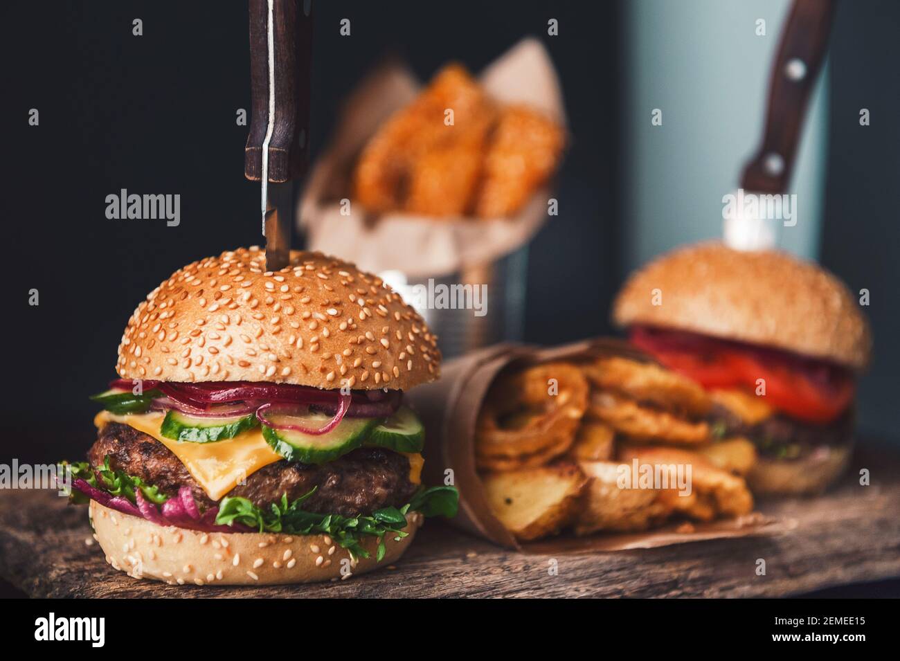 Two mouth-watering, delicious homemade burger used to chop beef. on the ...