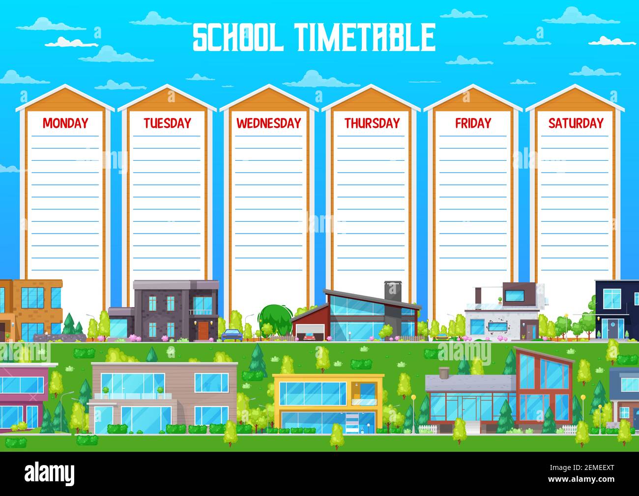 School timetable vector schedule template with cartoon buildings ...