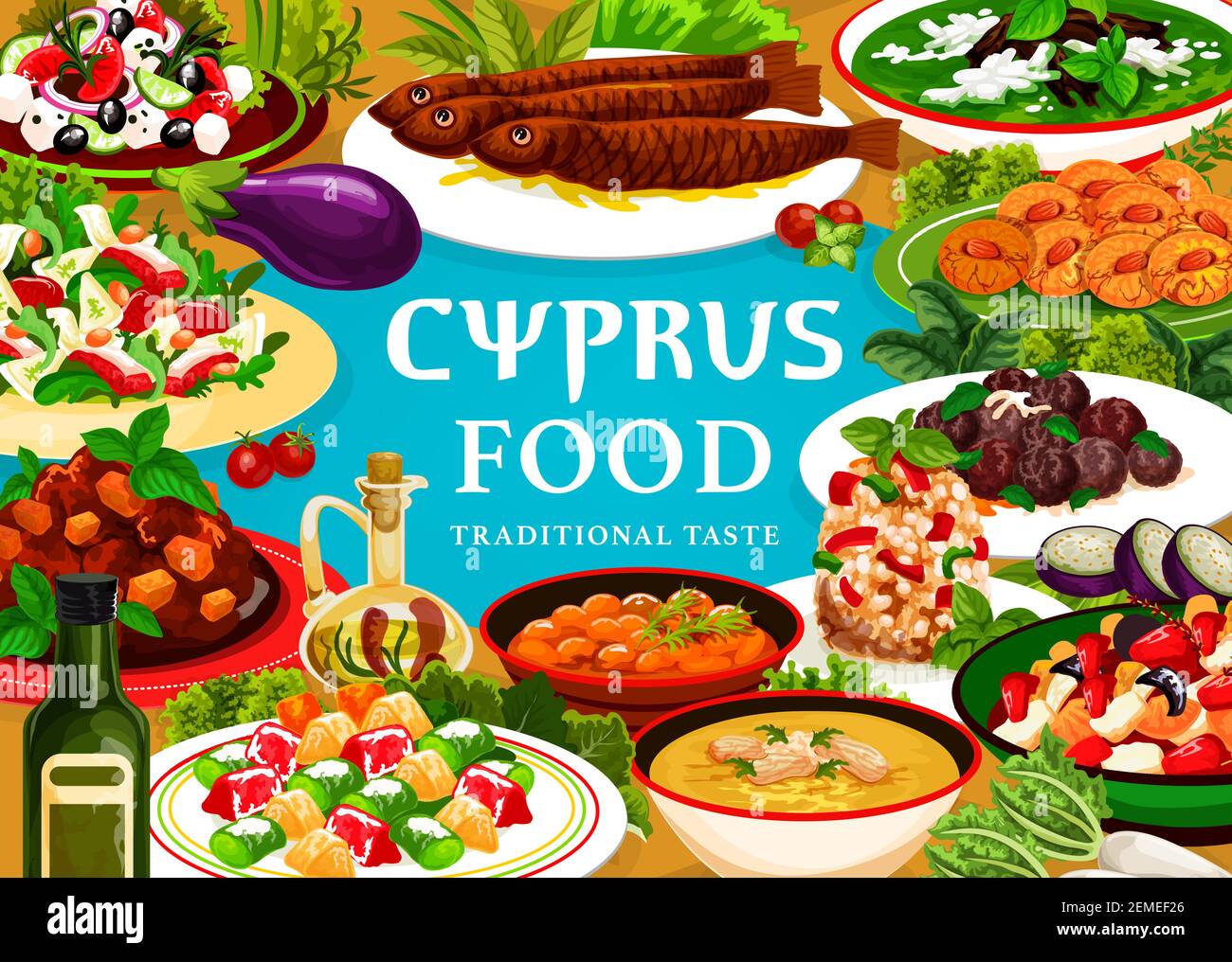 Cyprus food vector meals pilaf in larnakski style, grilled sea fish and ...