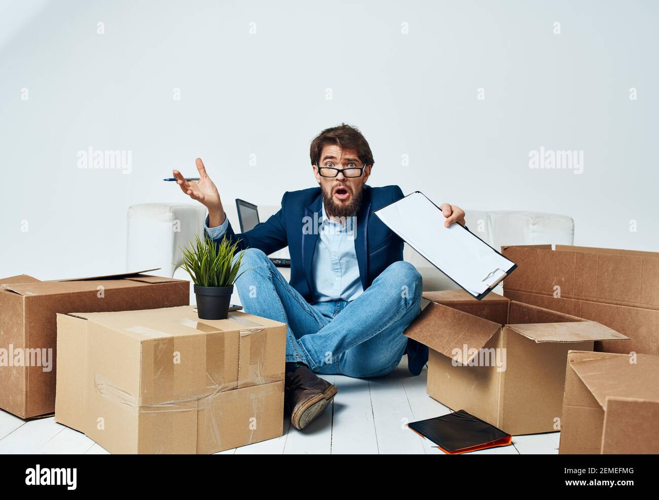 business man documents boxes unpacking professional office Stock Photo ...