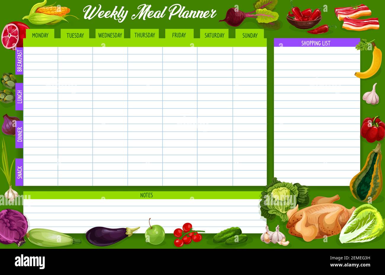 Weekly meal planner, vector food week plan with vegetable, fruit and ...