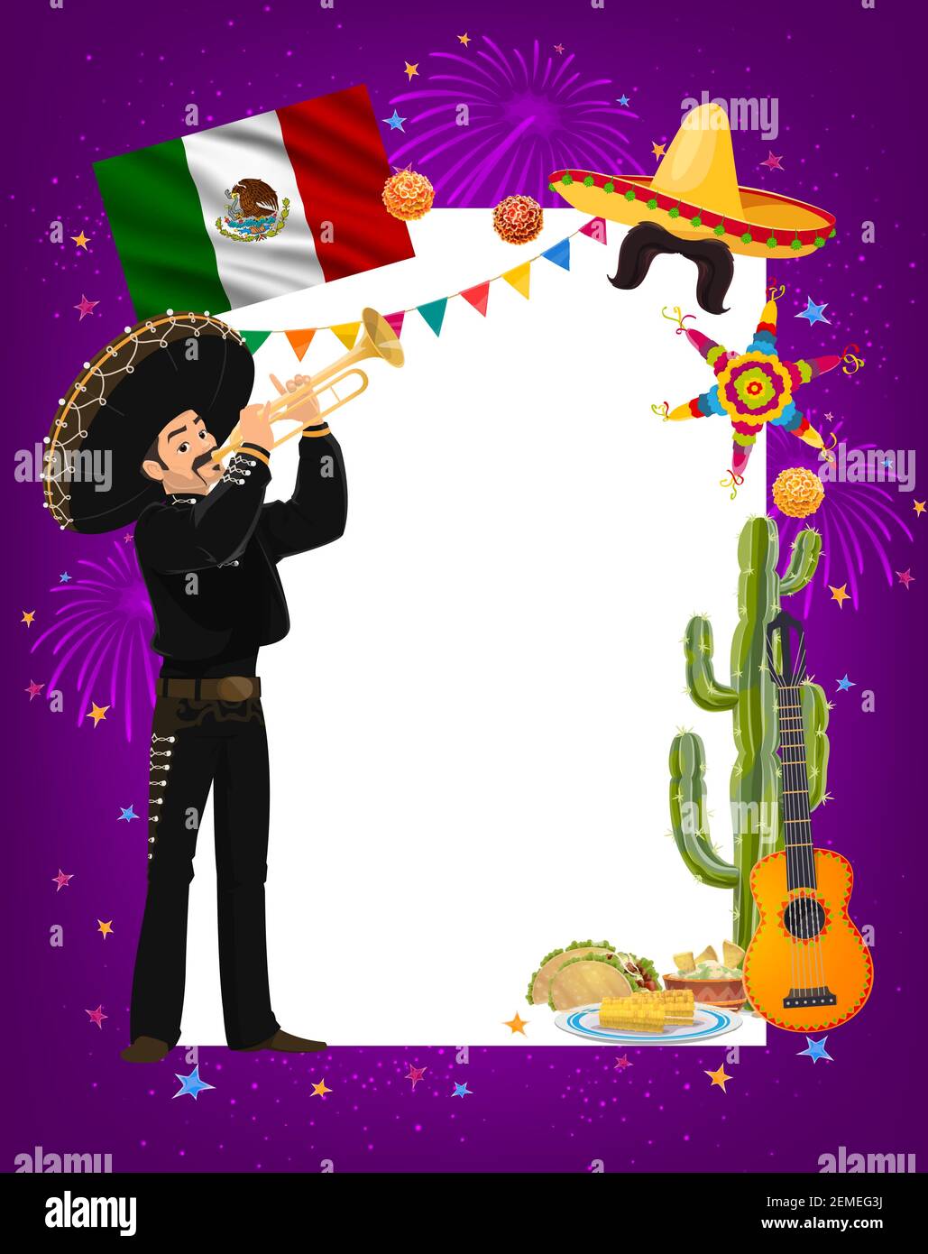 Cinco de Mayo vector frame with Mariachi mexican musician character in ...