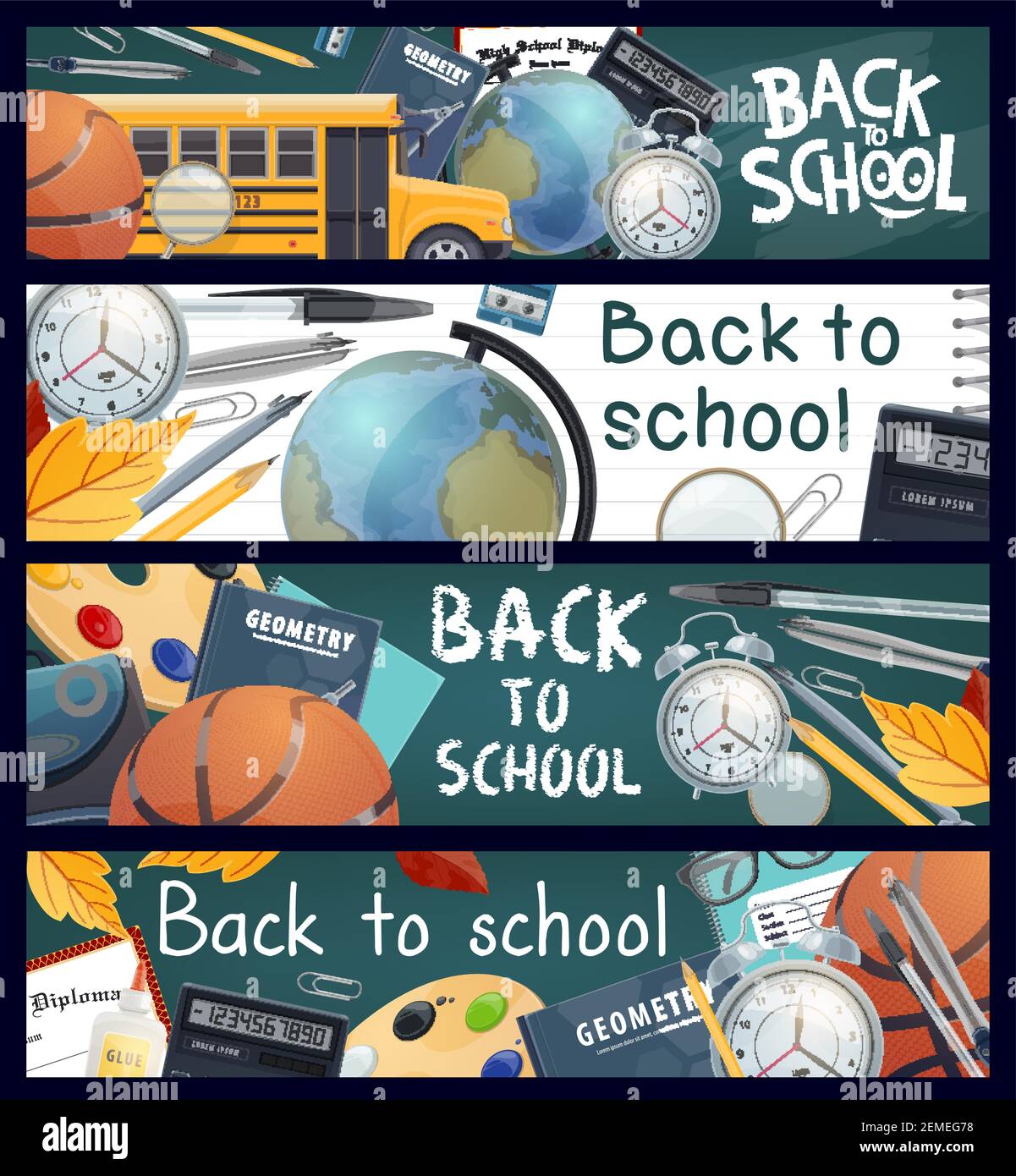 Back to school vector banners with student supplies and education items ...