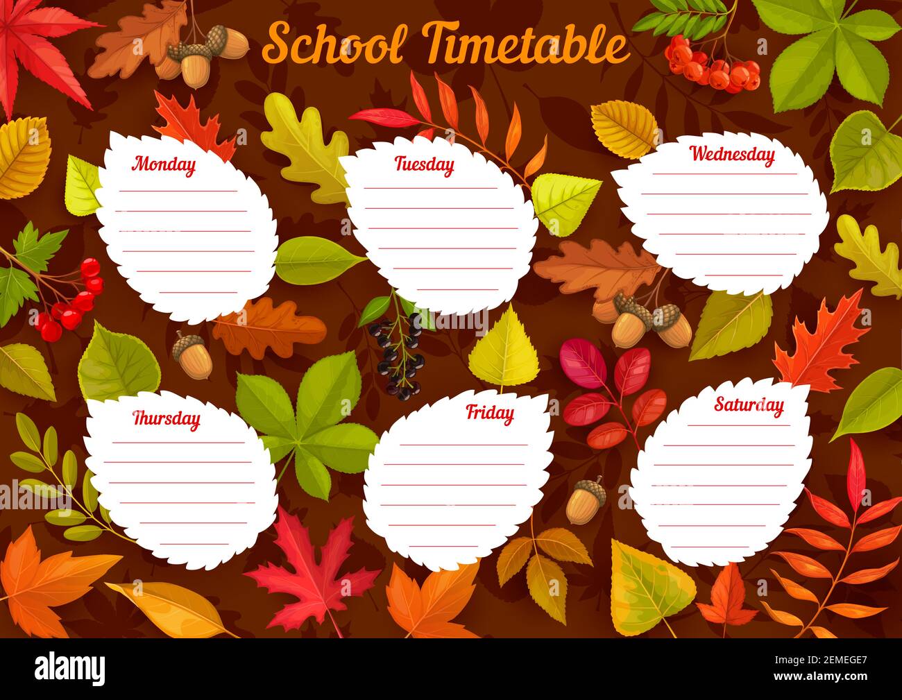 School timetable with autumn leaves, weekly student schedule vector ...