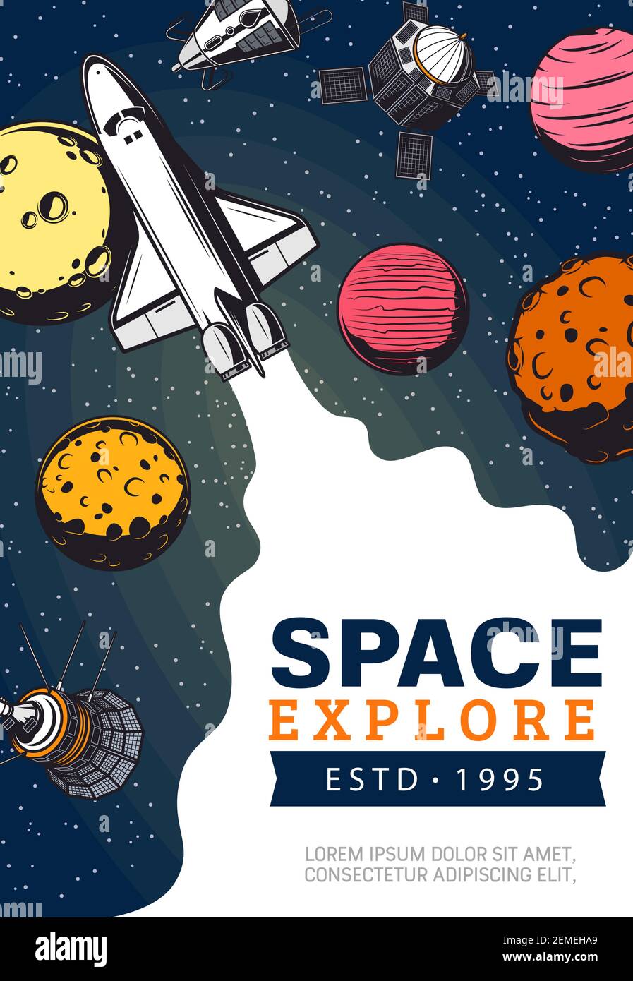 Space explore, spaceship and planets of solar system. Galaxy expedition ...