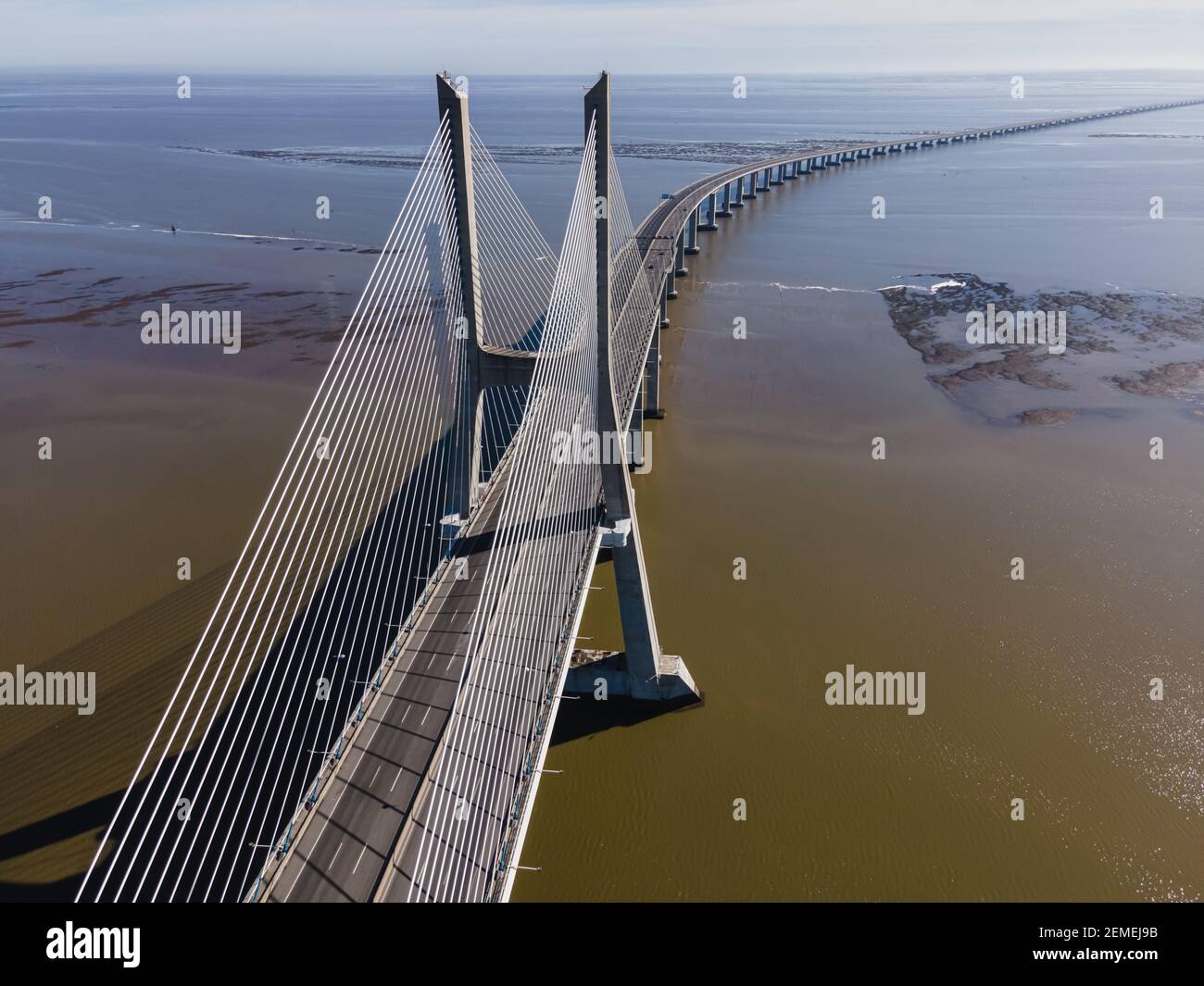 Aerial view of bridge pylon modern architecture of Vasco da Gama ...