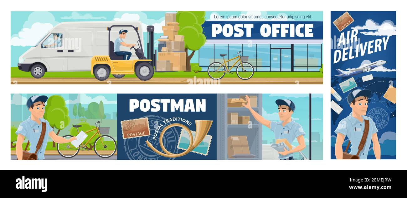 Post office mail delivery, postman service vector banners. Cartoon ...