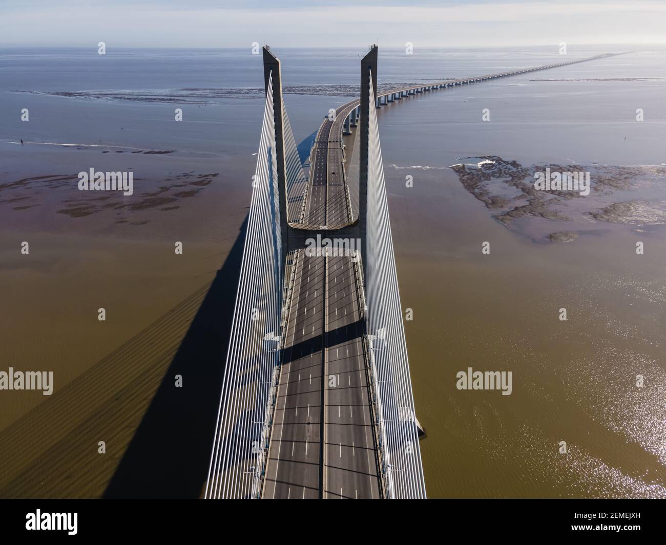 Aerial view of bridge pylon modern architecture of Vasco da Gama ...