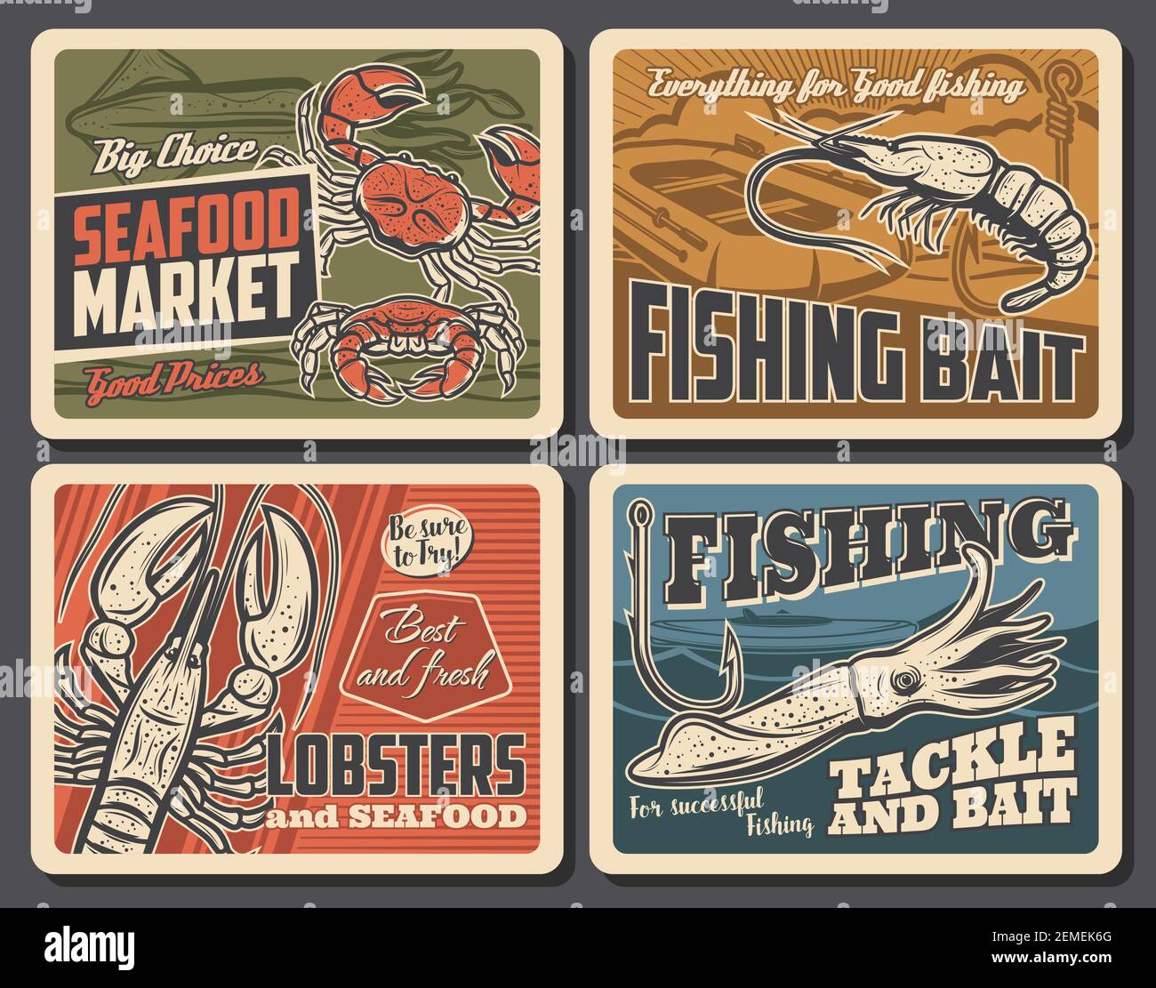 Shrimp, lobster and cuttlefish seafood vector retro posters. Fishing ...