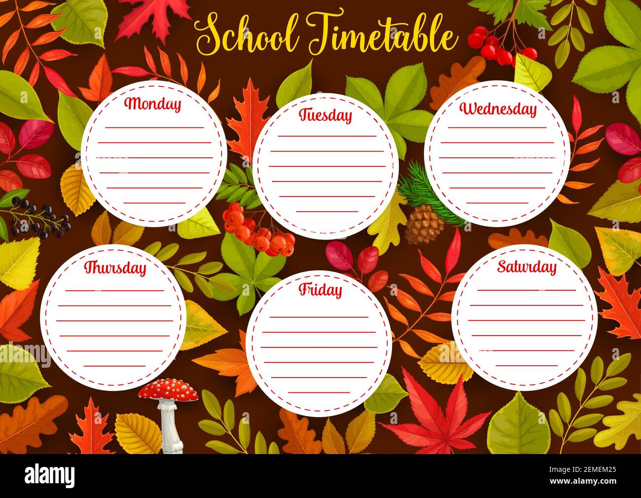 Education school timetable with autumn leaves, weekly student schedule ...