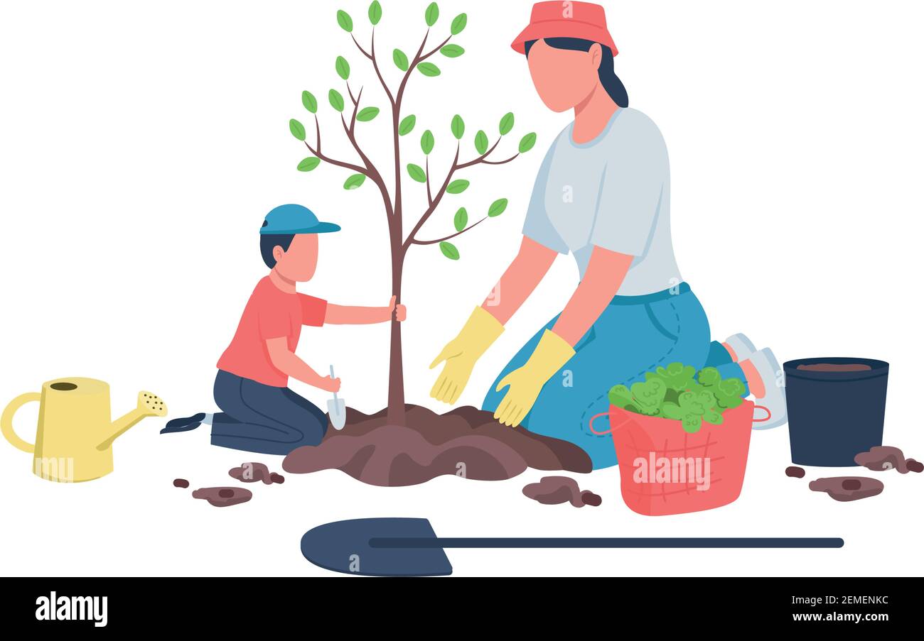 Family planting tree together flat color vector faceless characters ...