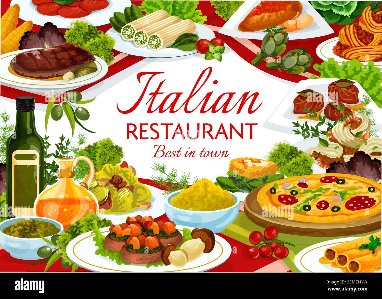 Italian cuisine restaurant vector banner. Pizza and veal with mushrooms ...