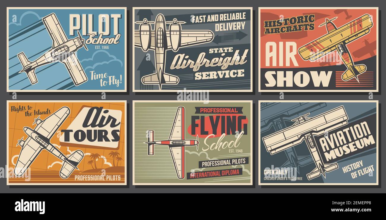 Aircraft museum, pilot school, aviation vector posters. Airplane ...