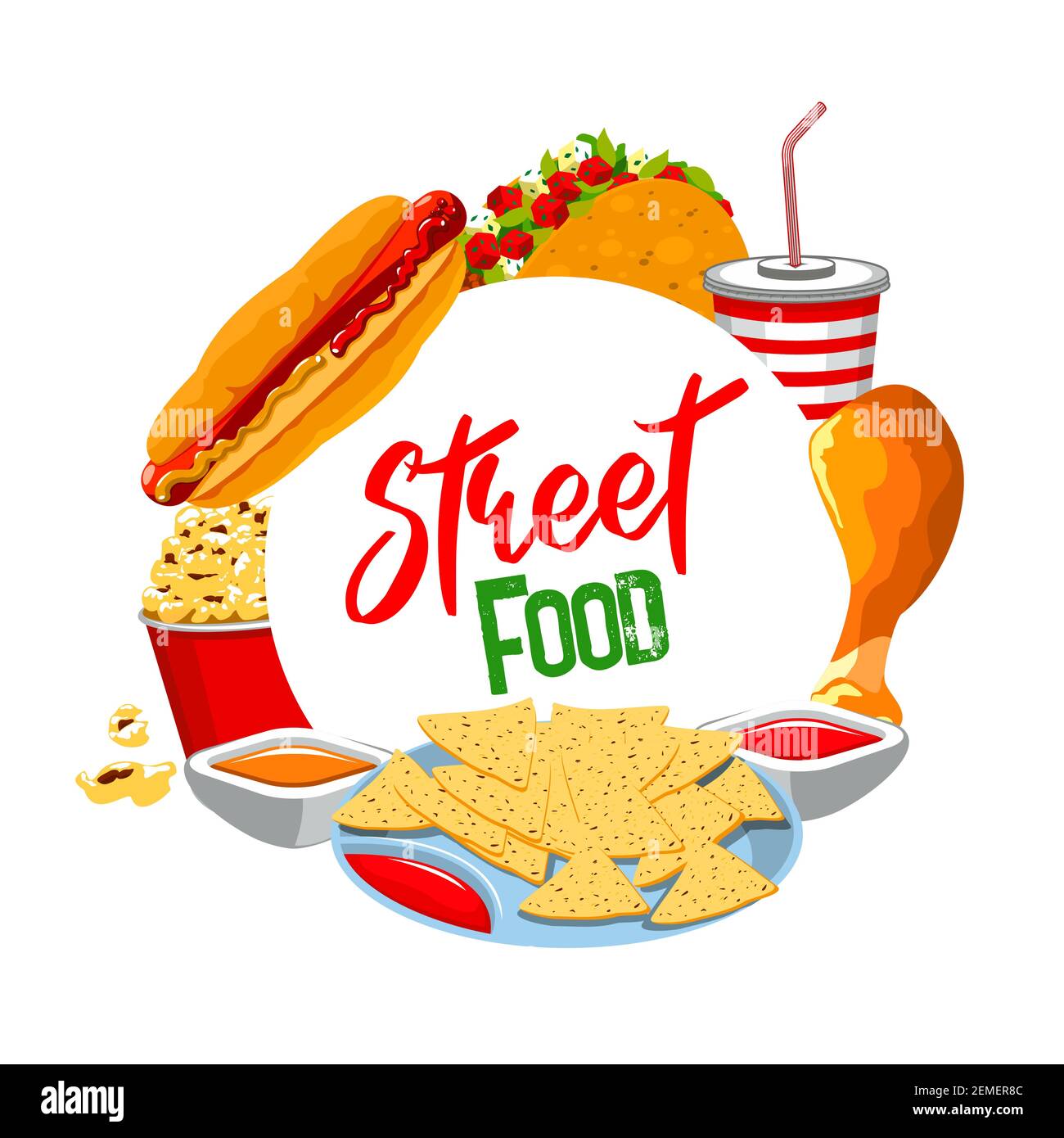Fast food round banner, vector hot dog, tacos and cola drink in cup ...