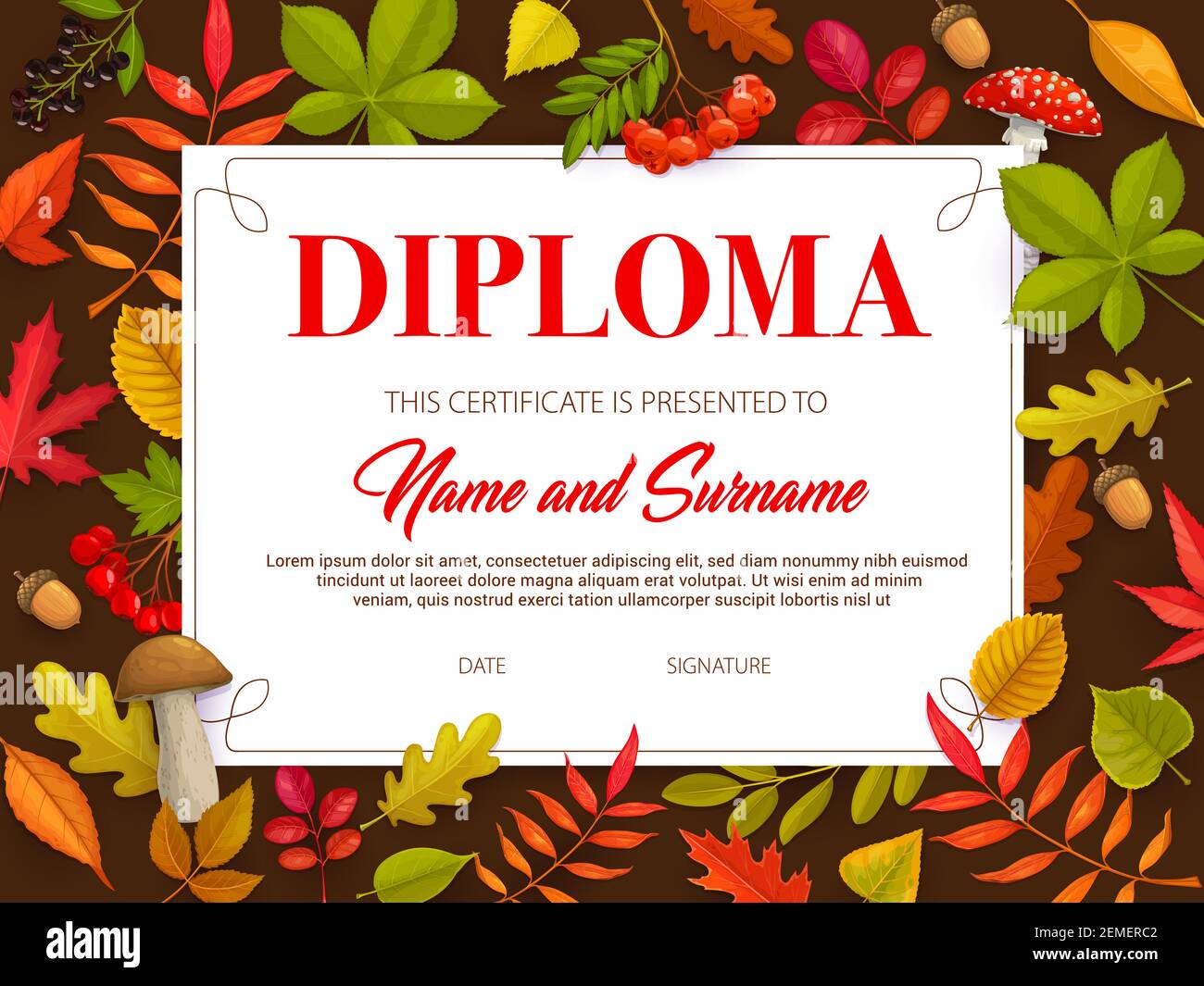 Kids certificate with autumn leaves and mushrooms vector template ...