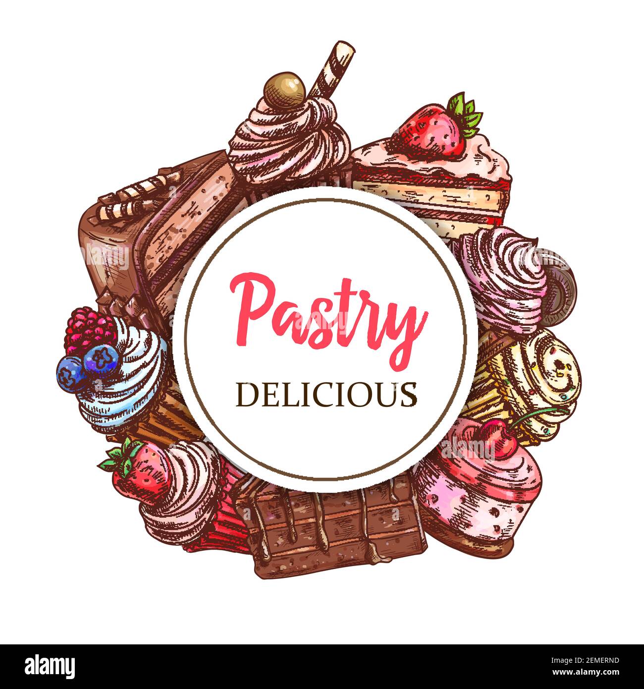 Cakes and cupcakes pastry vector round banner. Bakery shop sweet sketch ...