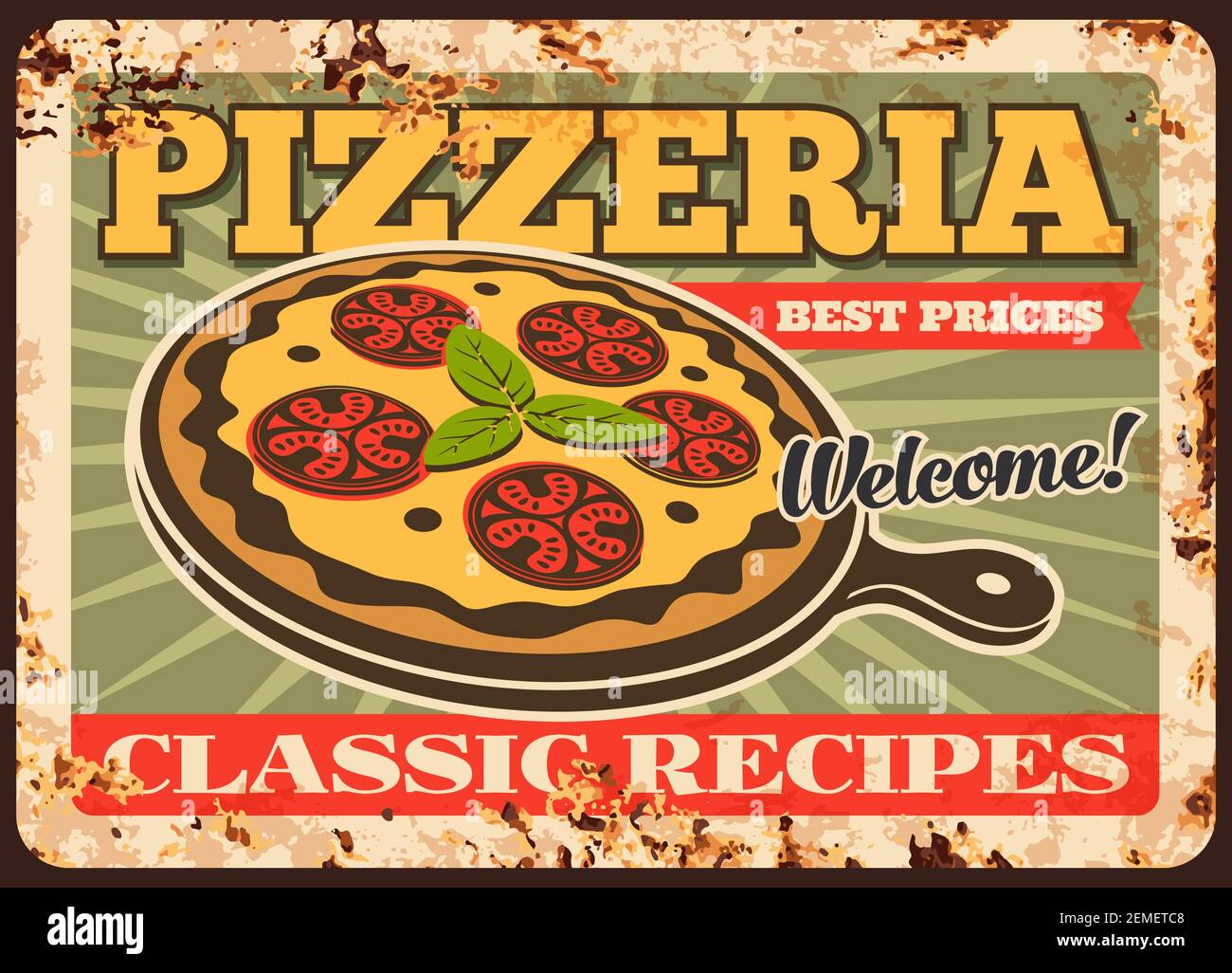 Pizza rusty metal plate, vector vintage rust tin sign for pizzeria or ...