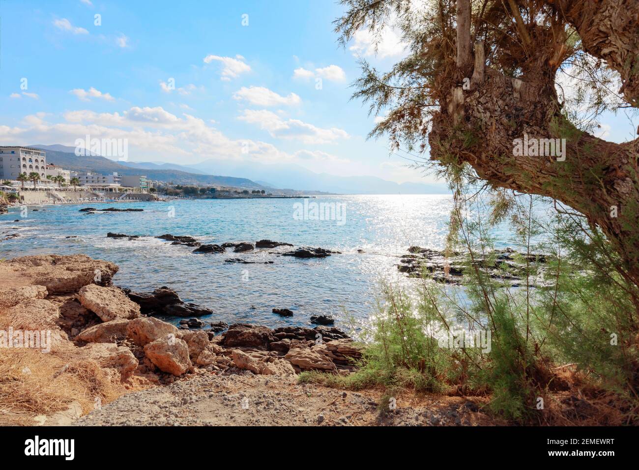 Beautiful summer seascape. The harbor of the famous resort Chersonissos ...