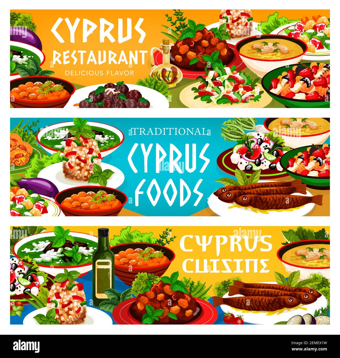 Cyprus food cuisine vector peasant, baked eggplant and large bean ...