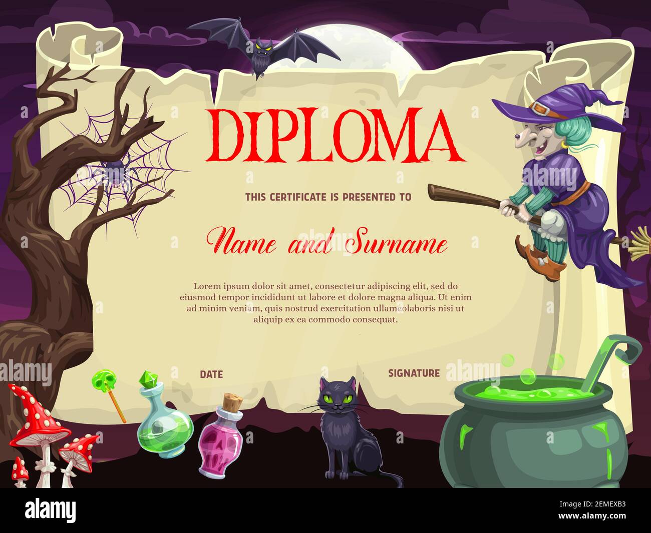Kids diploma with Halloween vector witch on broom, black cat, bat and ...