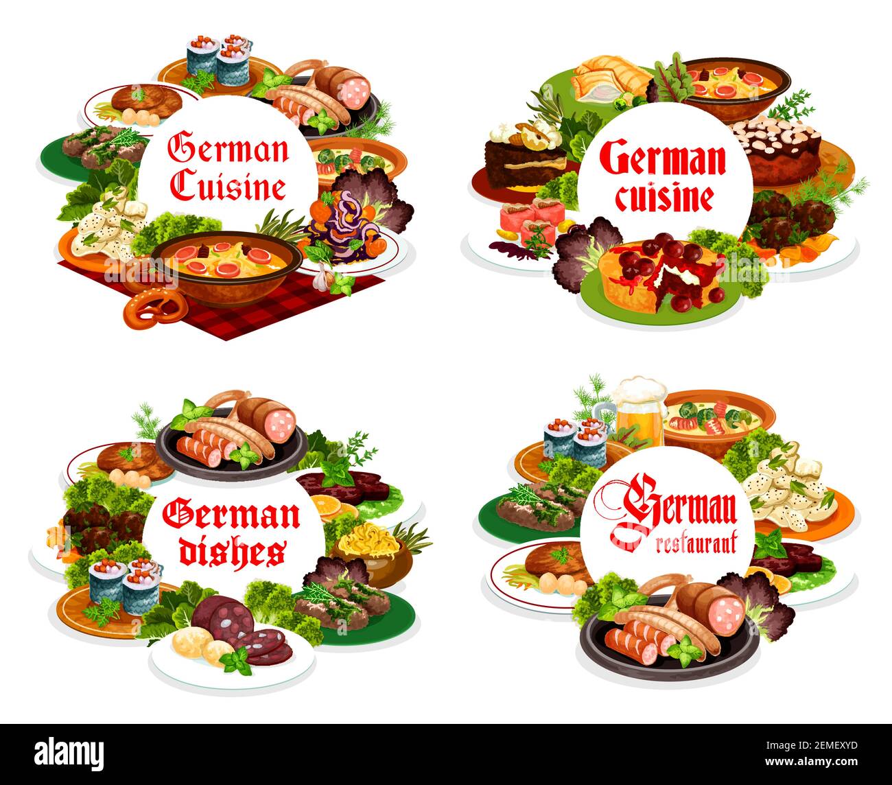German cuisine meals round vector banners. German soup with sausages ...