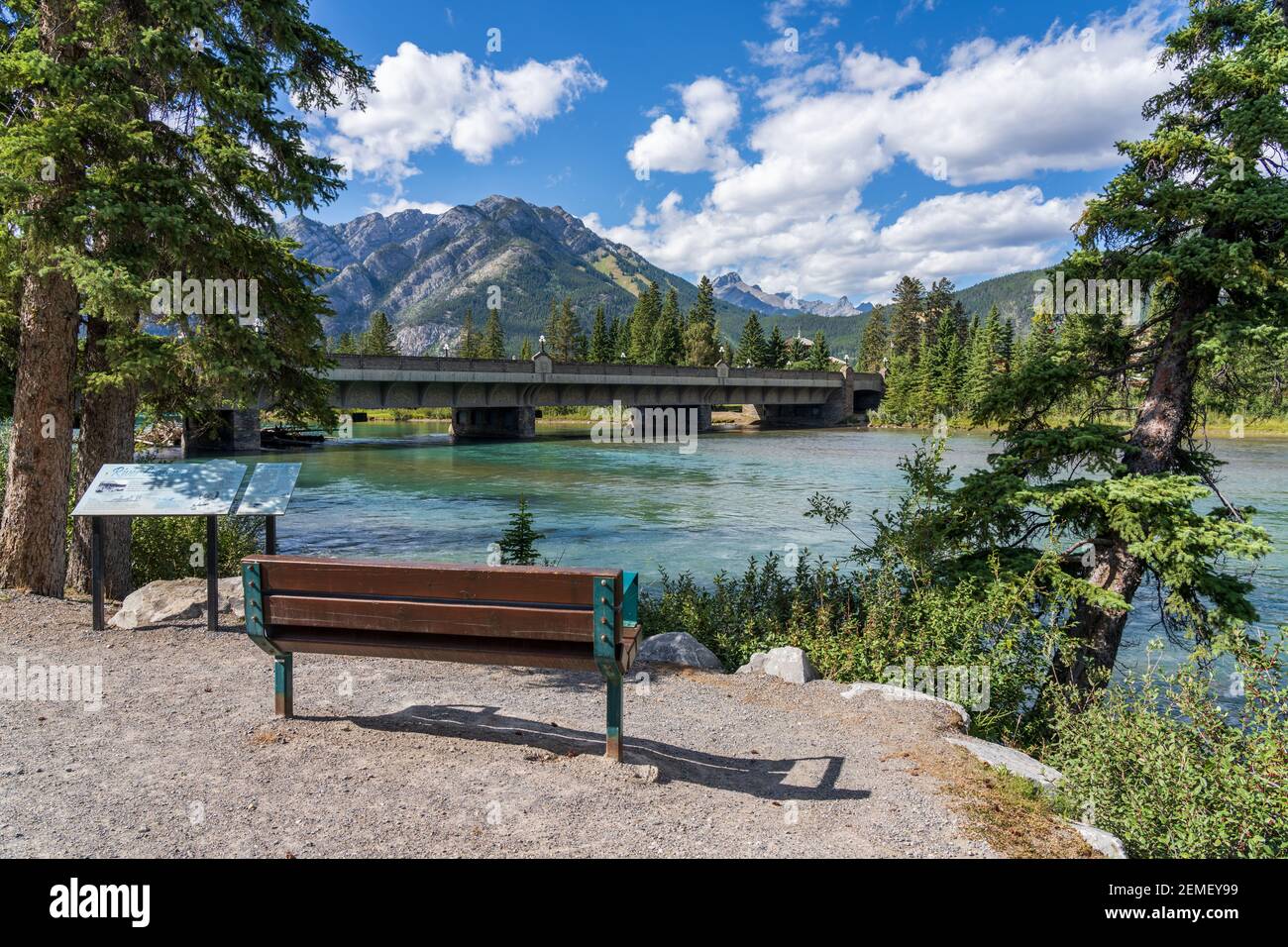 Bow River Trail scenery in summer sunny day. Town of Banff Avenue ...