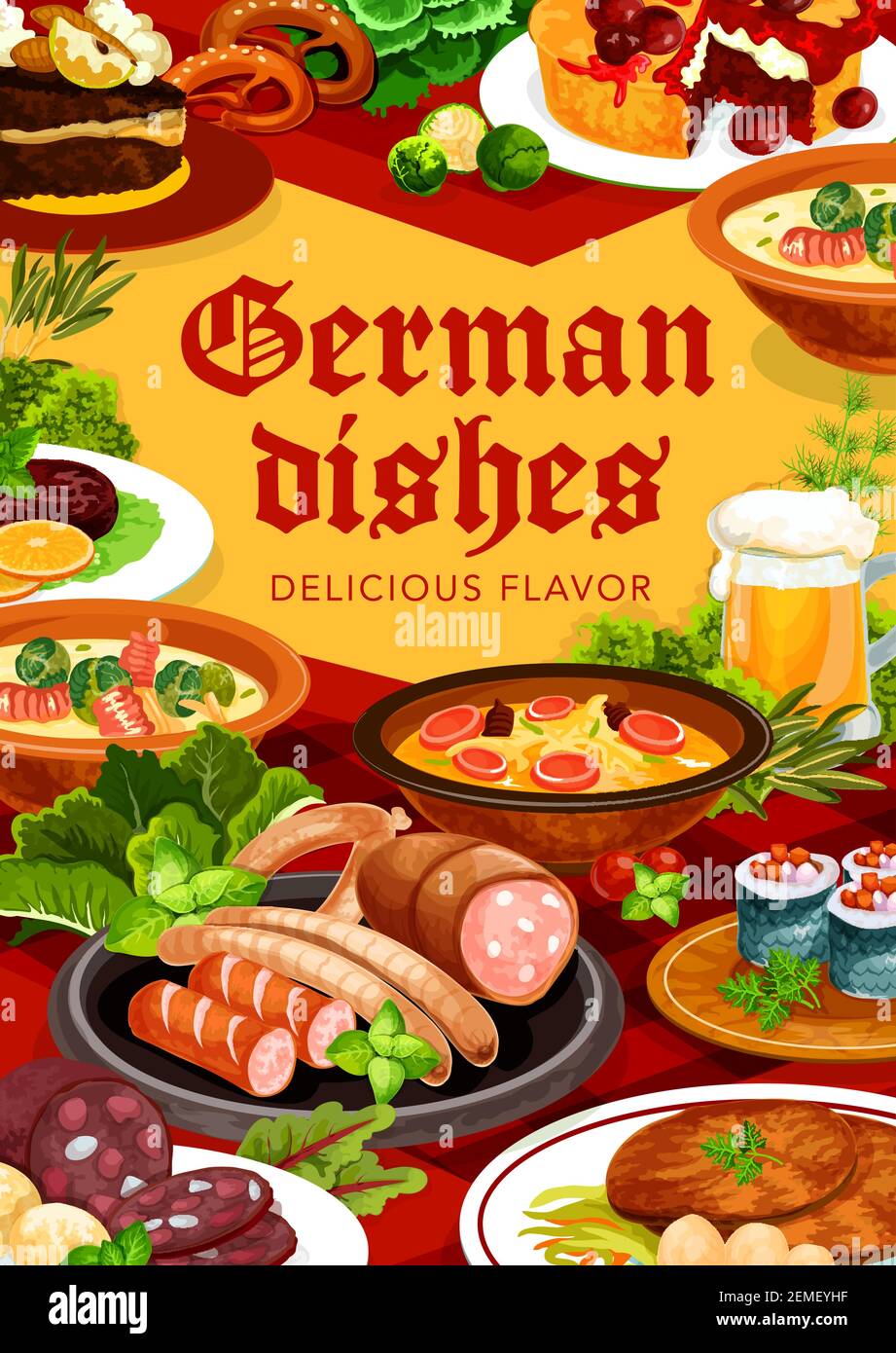 German cuisine dishes vector banner. Bavarian blood sausage, stuffed ...