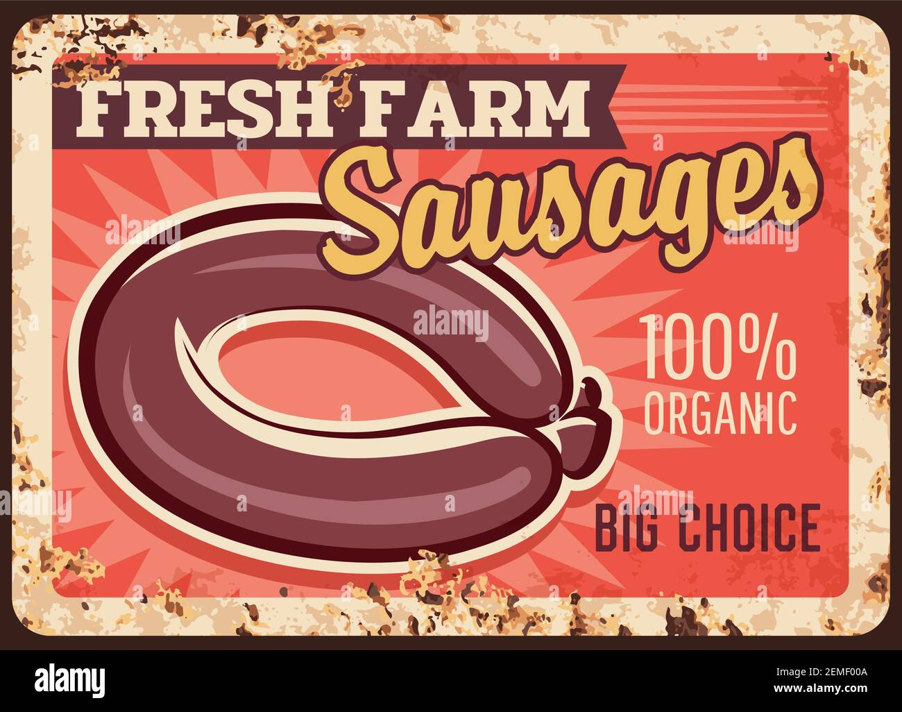 Sausages meat metal plate rusty, food store vintage vector poster ...