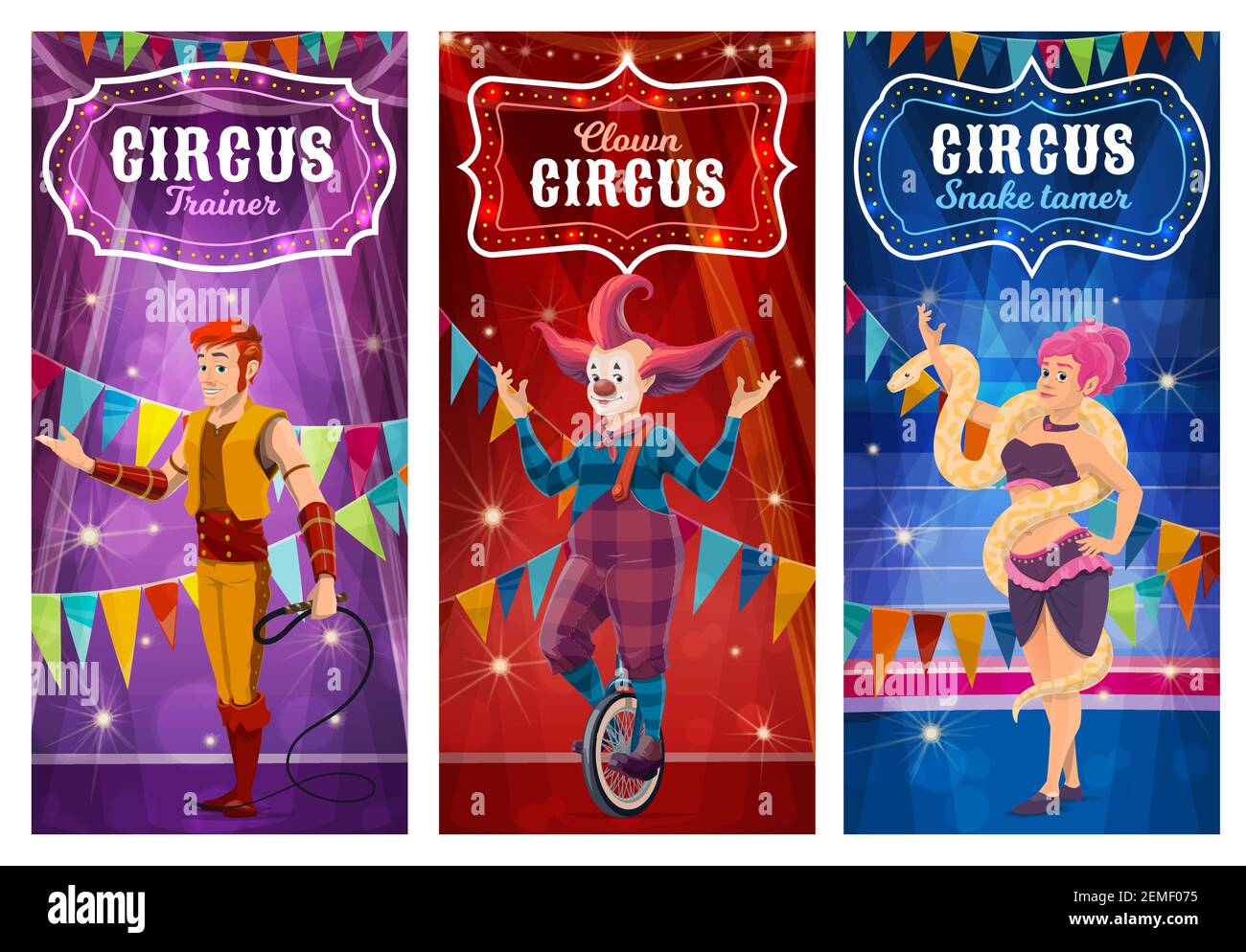Big top circus performers, entertainers posters or banners. Animal ...