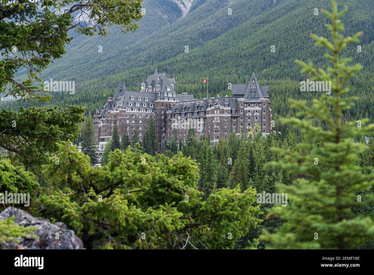 Fairmont Banff Springs in summer sunny day. View from Surprise Corner ...
