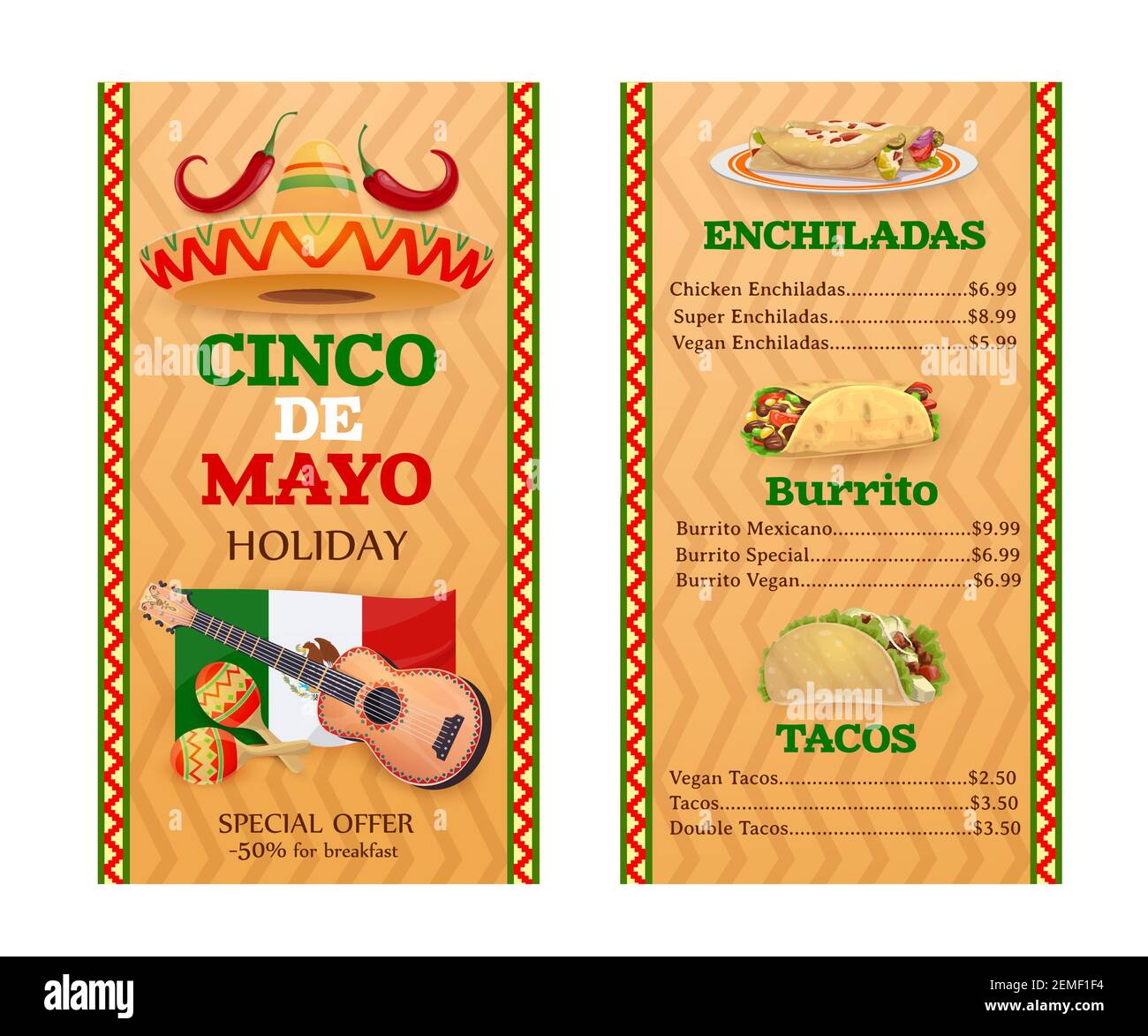 Mexican cuisine vector menu. Cinco de Mayo holidays meals tacos ...